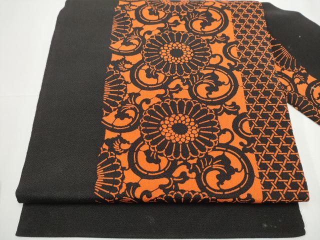 平和屋着物●全通柄　九寸名古屋帯　型染め　菊唐草文　黒地　鬼しぼ縮緬　正絹　逸品　CAAY9647hy