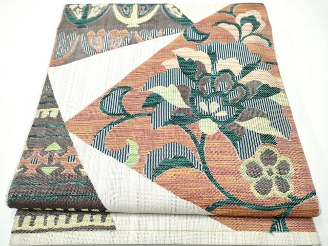 平和屋着物●六通柄　本袋帯　紬地　切嵌更紗花唐草文　正絹　逸品　CAAY9656hy