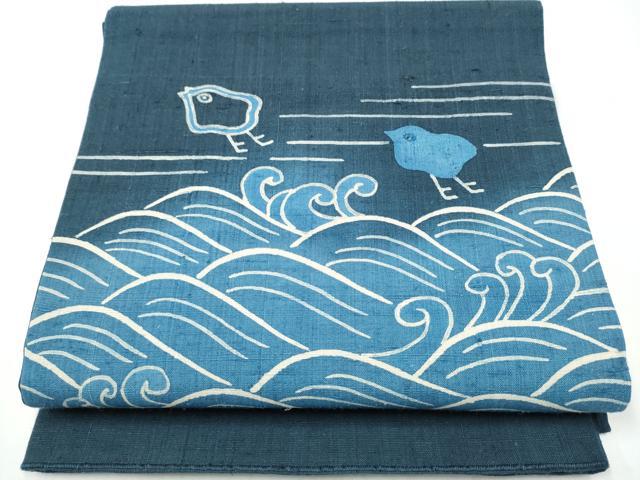 平和屋着物●太鼓柄袋帯　生紬　型染め　流水千鳥文　正絹　逸品　CAAY9679hy