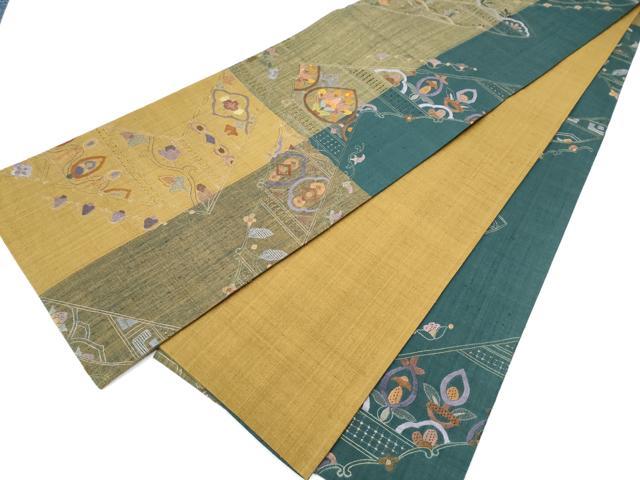 平和屋着物●中国三大刺繍　スワトウ刺繍　全通柄袋帯　紬地　切嵌更紗花文　正絹　逸品　CAAY9690hy