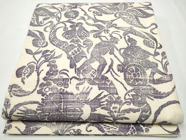 平和屋着物●六通柄袋帯　生紬　手摺木版染　人物草花文　正絹　逸品　CAAY9745hy