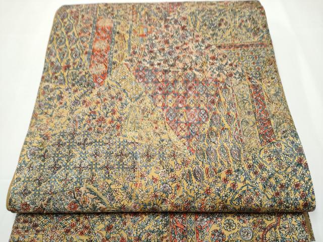 平和屋着物●両面　全通柄袋帯　型染め　切嵌吉祥更紗花文　金彩　正絹　逸品　CAAY9757hy