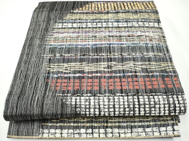 平和屋着物▽スリーシーズン　春夏秋　両面　六通柄袋帯　泥染め絣織込　銀通し地　正絹　逸品　CAAY9767hy