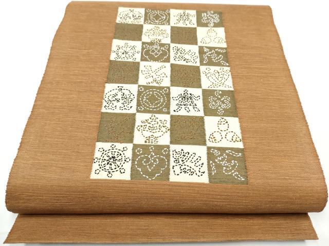 平和屋着物●八寸名古屋帯　紬地　刺し子　市松吉祥文　遠州七宝　正絹　逸品　CAAY9814hy