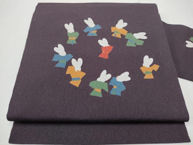平和屋着物●九寸名古屋帯　型染め　兎　鬼しぼ縮緬　正絹　逸品　CAAY9845hy