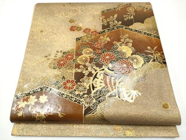 平和屋着物●漆工芸作家　金森一博　太鼓柄袋帯　屏風草花文　金彩　引箔　正絹　逸品　CAAY9904hy