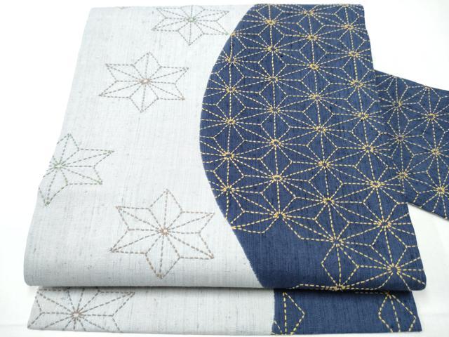 平和屋着物●九寸名古屋帯　紬地　刺し子　麻の葉文様　正絹　逸品　CAAY9927hy