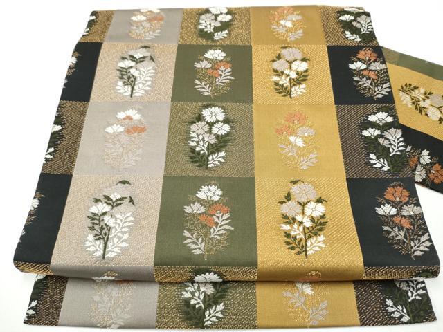 平和屋着物●九寸名古屋帯　唐織　市松枝花文　金糸　正絹　逸品　CAAY9928hy
