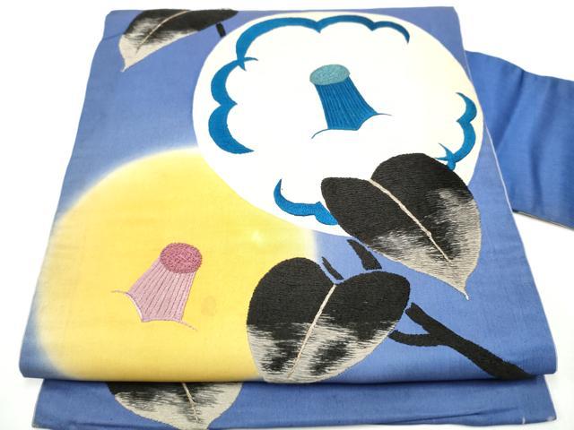 平和屋着物●アンティーク　大正ロマン　中国三大刺繍　相良刺繍　総刺繍　九寸名古屋帯　椿　銀糸　正絹　逸品　CAAY9931hy