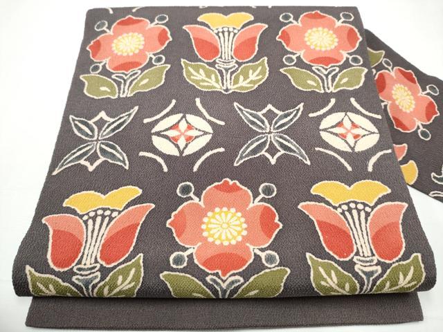 平和屋着物●全通柄　九寸名古屋帯　型染め　草花吉祥文　鬼しぼ縮緬　三越扱い　正絹　逸品　CAAY9934hy