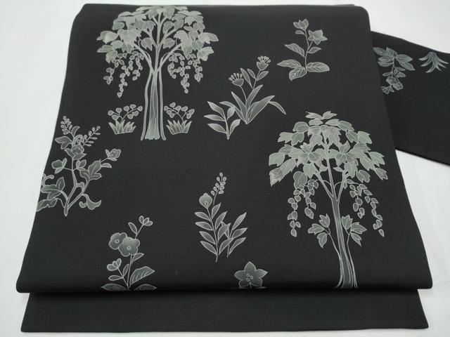 平和屋着物●塩瀬　九寸名古屋帯　刺繍　枝花文　黒地　正絹　逸品　CAAY9942hy