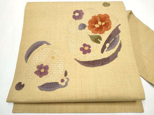 平和屋着物●中国三大刺繍　スワトウ相良刺繍　総刺繍　九寸名古屋帯　紬地　草花文　正絹　逸品　CAAY9958hy