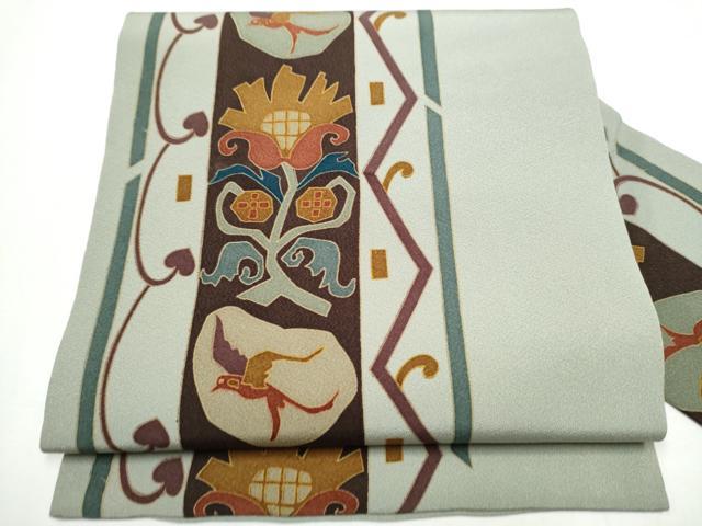平和屋着物●全通柄　九寸名古屋帯　型染め　花鳥文　正絹　逸品　CAAY9966hy