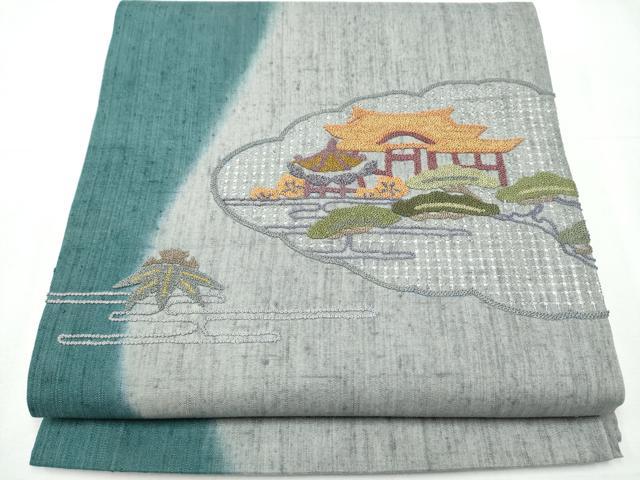 平和屋着物●中国三大刺繍　スワトウ相良刺繍　総刺繍　九寸開き名古屋帯　紬地　松竹梅風景文　正絹　逸品　CAAY9977hy