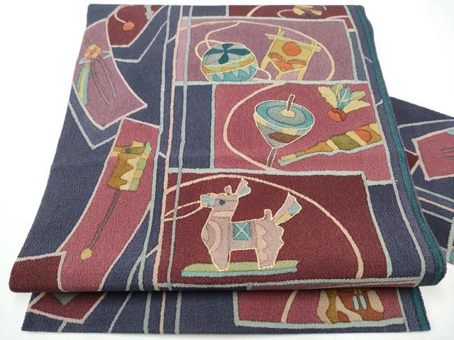 平和屋着物●全通柄　九寸名古屋帯　型染め　玩具文　金彩　鬼しぼ縮緬　正絹　逸品　CAAY9978hy