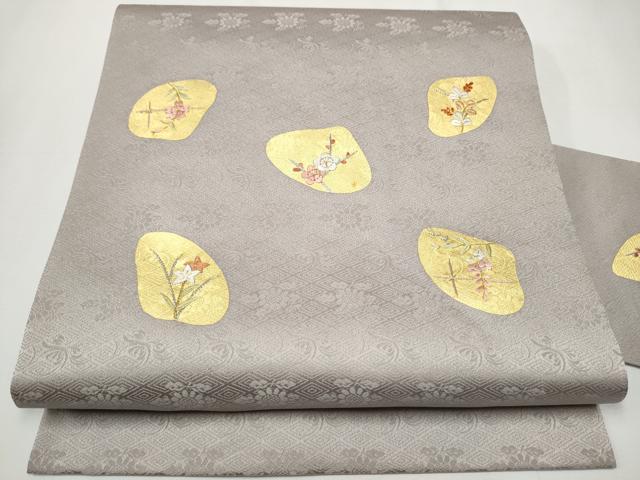 平和屋着物●九寸名古屋帯　刺繍　貝合わせ枝花文　金彩　正絹　逸品　CAAY9989hy