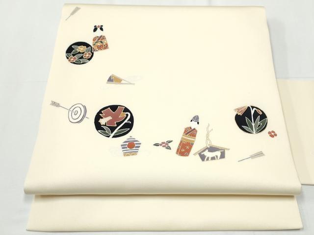 平和屋着物●塩瀬　九寸名古屋帯　玩具文　金彩　正絹　逸品　CAAY9990hy