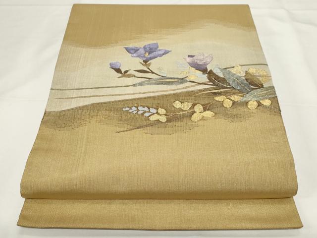 平和屋着物●太鼓柄袋帯　すくい織　草花文　金糸　正絹　逸品　未使用　CAAZ0319dy
