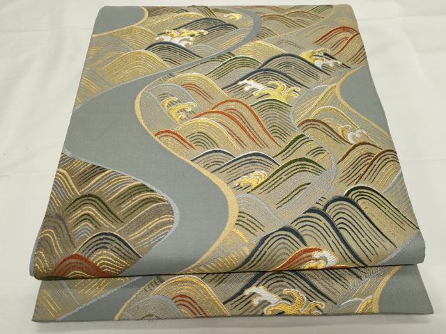 平和屋着物●六通柄袋帯　唐織　立波文　金糸　正絹　逸品　CAAZ0323dy