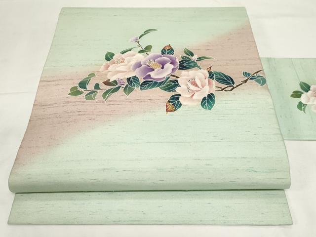 平和屋着物●九寸名古屋帯　友禅　作家物　紬地　椿　正絹　逸品　CAAZ0353dy