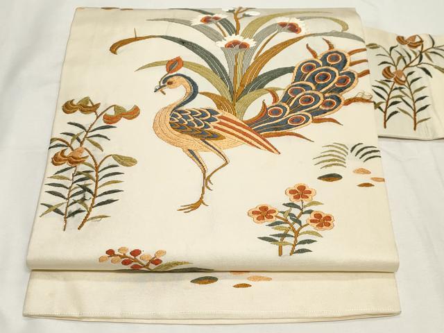 平和屋着物●九寸名古屋帯　唐織　孔雀花文　正絹　逸品　CAAZ0376dy