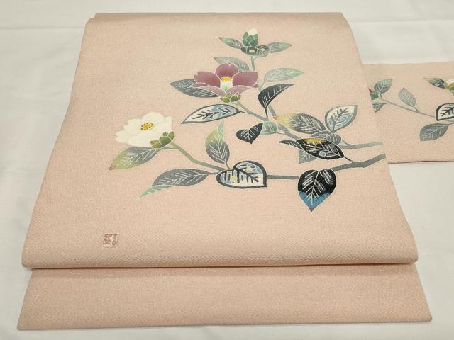 平和屋着物●人間国宝・羽田登喜男　九寸名古屋帯　草花文　鬼しぼ縮緬　正絹　逸品　CAAZ0384dy