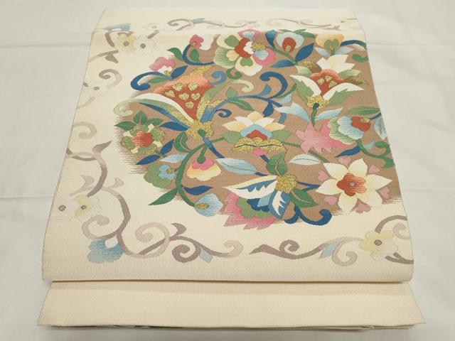 平和屋着物●爪＆#25620；き本綴れ　八寸名古屋帯　更紗花文　金糸　正絹　逸品　CAAZ0385dy