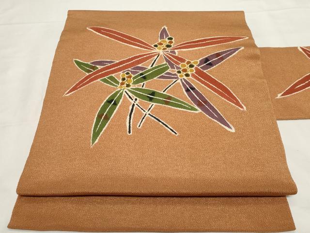 平和屋着物●九寸名古屋帯　型染め　草木文　正絹　逸品　未使用　CAAZ0391dy