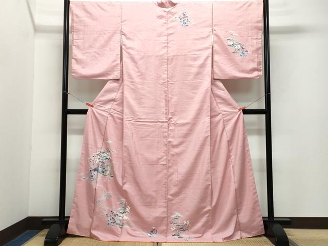 平和屋着物●訪問着　友禅　紬地　流水風景松花文　正絹　逸品　CAAZ0804vf