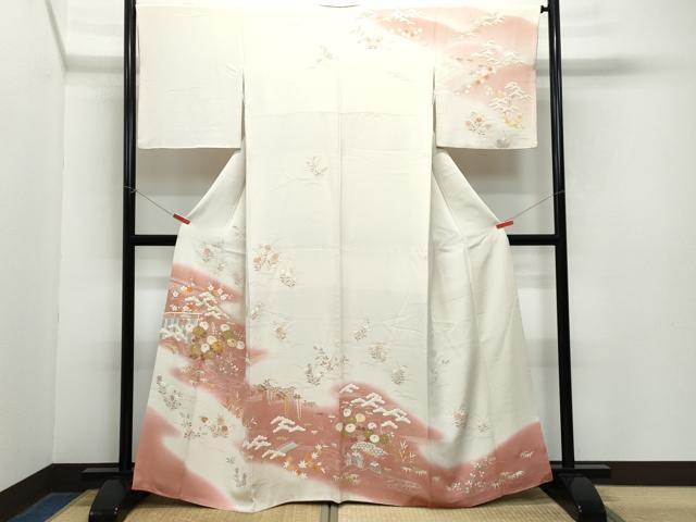 平和屋着物●訪問着　駒刺繍　屏風草花文　金彩　正絹　逸品　CAAZ0851vf