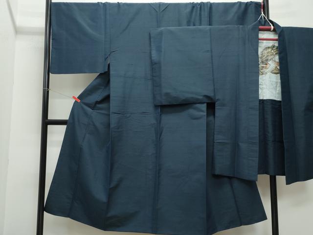 平和屋着物●男性　紬　アンサンブル　濃紺色　正絹　逸品　CAAZ0919vf