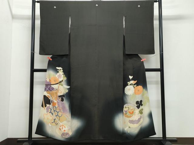 平和屋着物●アンティーク　大正ロマン　黒留袖　駒刺繍　几帳貝合わせ花文　暈し染め　金彩　正絹　逸品　CAAZ0946vf