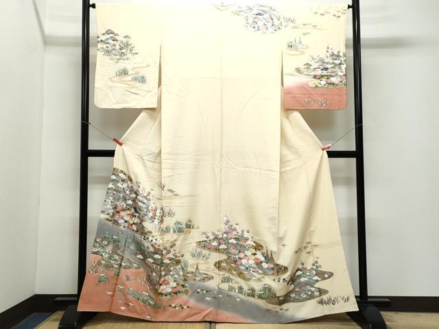 平和屋着物●訪問着　刺繍　風景草花文　金銀彩　正絹　逸品　CAAZ0975vf