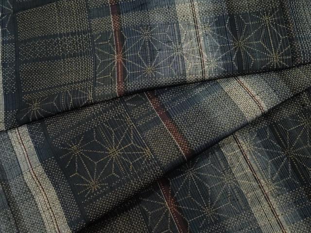 平和屋着物●上質な紬　麻の葉吉祥横段文　正絹　逸品　CAAZ1011vf