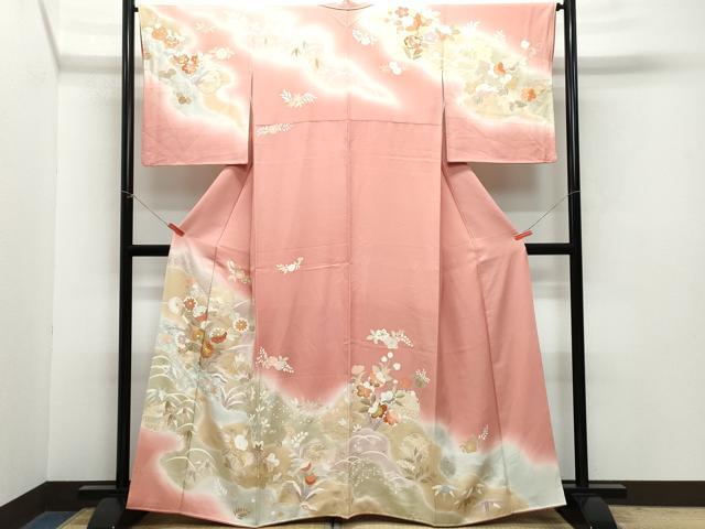 平和屋着物●訪問着　駒刺繍　雪輪草花文　暈し染め　金彩　正絹　逸品　CAAZ1042vf