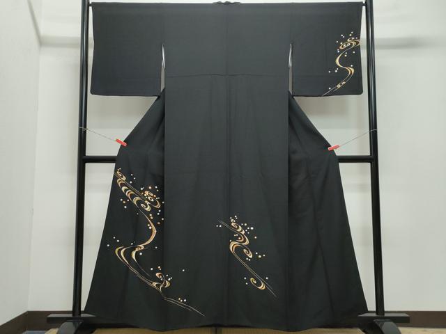 平和屋着物●訪問着　駒刺繍　流水文　黒地　金彩　正絹　逸品　CAAZ1059vf