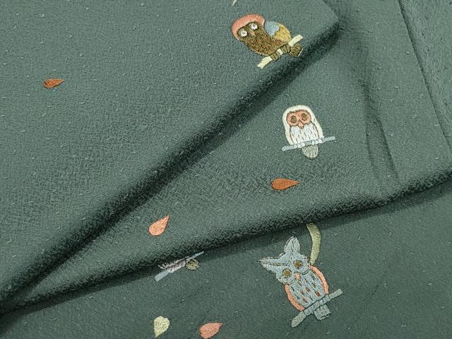 平和屋着物●上質な小紋　総刺繍　フクロウ　ミミズク　金糸　正絹　逸品　CAAZ1062vf