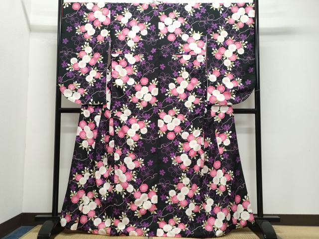 平和屋着物●小振袖　二尺袖　舞桜　黒地　洗える着物　CAAZ1131vf