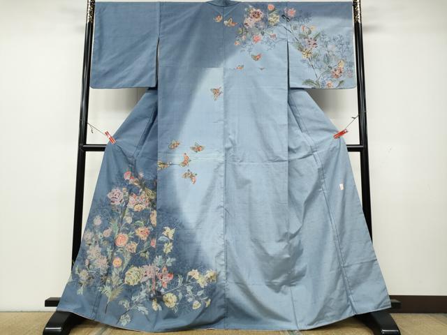 平和屋着物●訪問着　作家物　紬地　舞蝶更紗花文　正絹　逸品　CAAZ2407ut