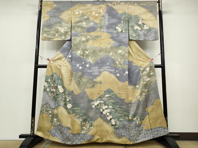平和屋着物●訪問着　駒刺繍　絞り　エ霞草花文　金彩　正絹　逸品　CAAZ2419ut