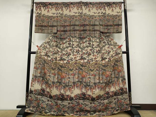 平和屋着物●訪問着　染色作家　桐村博　手ざし紅型　流水草花文　鬼しぼ縮緬　正絹　逸品　未使用　CAAZ2457ut