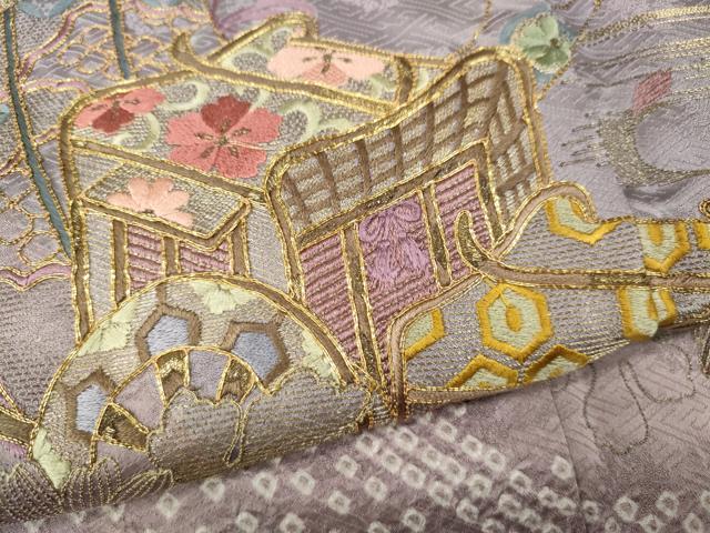 平和屋着物●訪問着　駒刺繍　絞り　御所車花文　金糸　正絹　逸品　CAAZ2502ut 平和屋着物○訪問着 駒刺繍 絞り 御所車花文 金糸 正絹 逸品 CAAZ2502ut