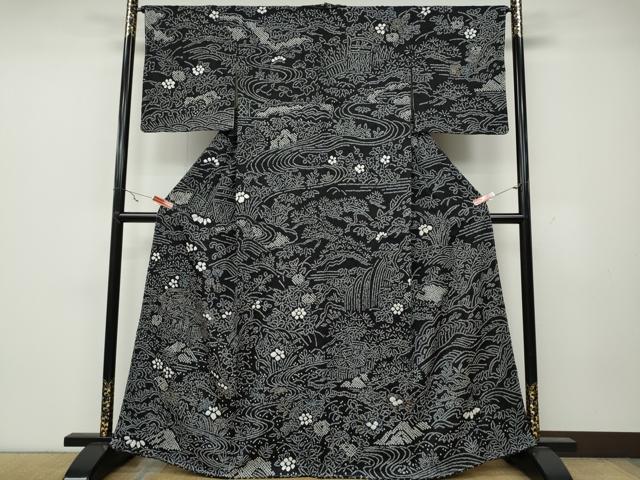 平和屋着物●訪問着　絞り　風景草花文　黒地　金銀彩　正絹　逸品　CAAZ2516ut