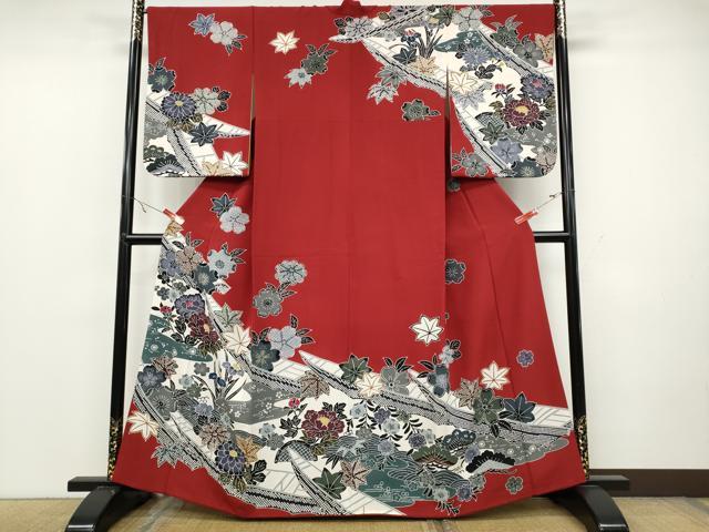 平和屋着物●訪問着　型染め　舟草花文　鬼しぼ縮緬　正絹　逸品　CAAZ2574ut