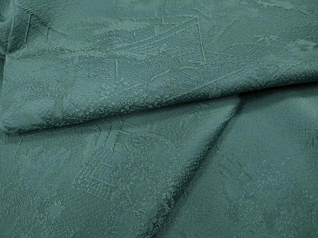 平和屋着物●上質な色無地　御所車風景人物地紋　千草色　正絹　逸品　CAAZ2600ut