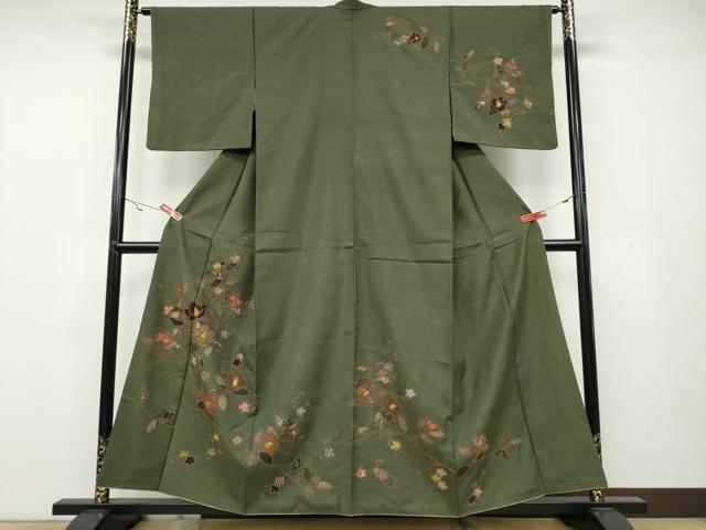 平和屋着物●訪問着　紬地　刺し子　切嵌　枝花文　正絹　逸品　CAAZ2767ut