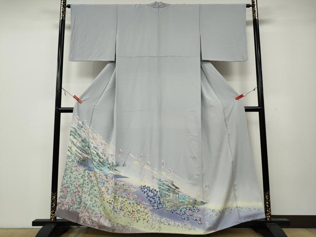 平和屋着物●本場加賀友禅作家　杉浦伸　色留訪問着　風景飛鳥草花文　暈し染め　正絹　逸品　CAAZ2773ut