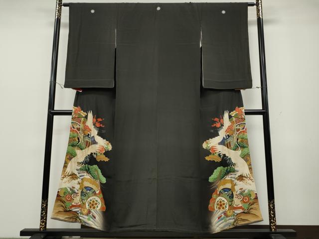 平和屋着物●アンティーク　大正ロマン　黒留袖　飛鶴御所車鼓文　金彩　正絹　逸品　CAAZ2783ut