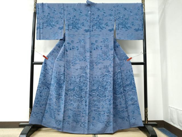 平和屋着物●訪問着　作家物　萬代草木染　本藍　流水風景草花文　鬼しぼ縮緬　正絹　逸品　未使用　CAAZ2819yc