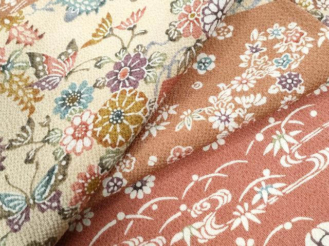 平和屋着物●上質な小紋　型染め　吉祥花蝶松竹梅　鬼しぼ縮緬　正絹　逸品　未使用　CAAZ2874yc